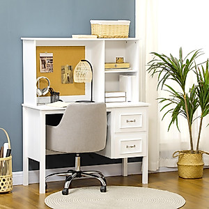 HOMCOM Computer Table with Storage Shelves, Home Office Desk with 2 Drawers, Cable Management Hole, Corkboard - White