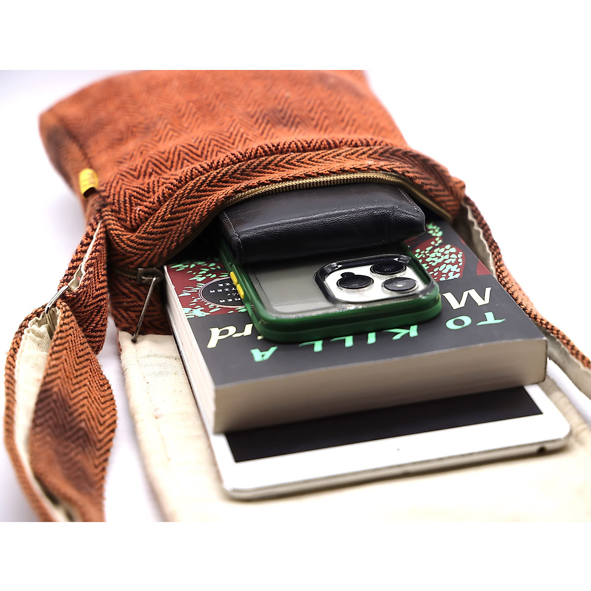 Himalaya Handmade Unique design Mushroom Embroidery Hemp Hobo Passport crossbody bag Festival Travel Bag 100% Himalaya Hemp FAIR TRADE Orange