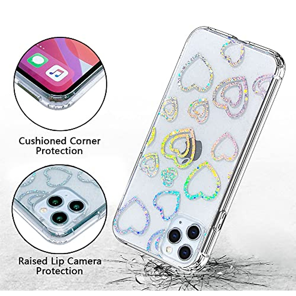 CEOKOK Compatible with iPhone 11 Pro Max Case Glitter Clear with Design Laser Holographic Heart Love Sparkly Cute Bling Hard PC & Soft TPU Shockproof Protective Phone Cover for Women Girls