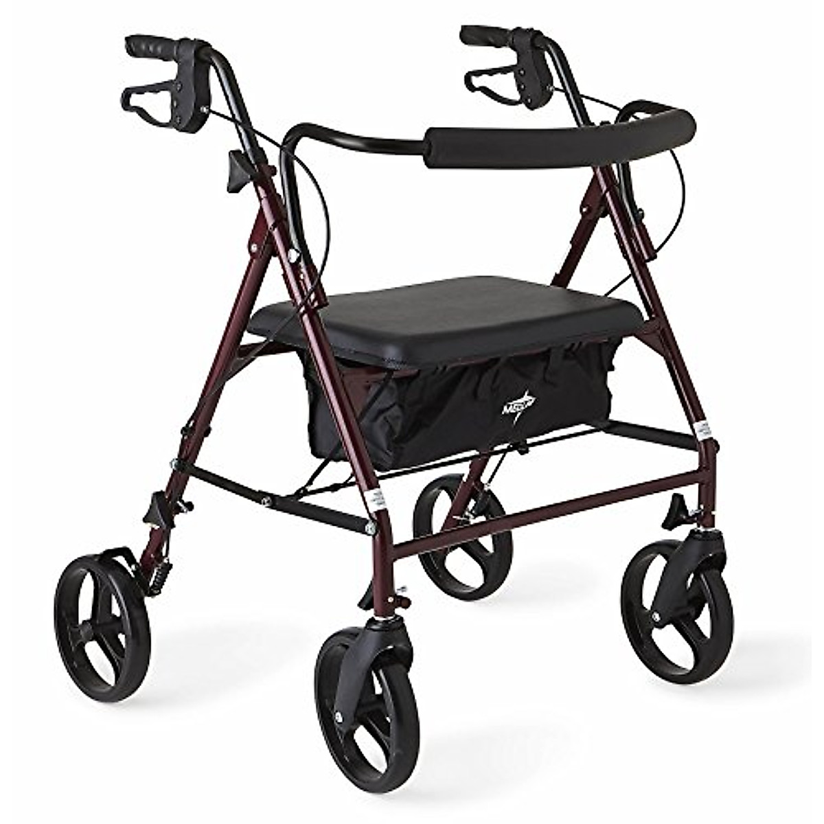 Medline Heavy Duty Rollator Walker with Seat, Bariatric Rolling Walker Supports up to 500 lbs, Large 8-inch Wheels, Burgundy