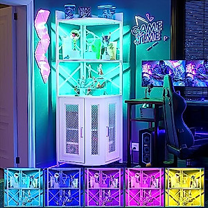 Aheaplus Corner Bar Cabinet with Power Outlet, Industrial Wine Cabinet with LED Strip and Glass Holder, 5-Tiers Liquor Cabinet Bar Unit for Home, Corner Display Cabinet for Small Space, White