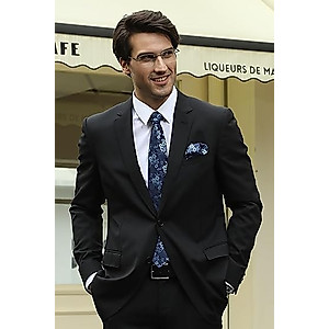 HISDERN Extra Long Floral Paislry Tie Handkerchief Men's Necktie & Pocket Square Set,Blue,2XL, 70 inches length