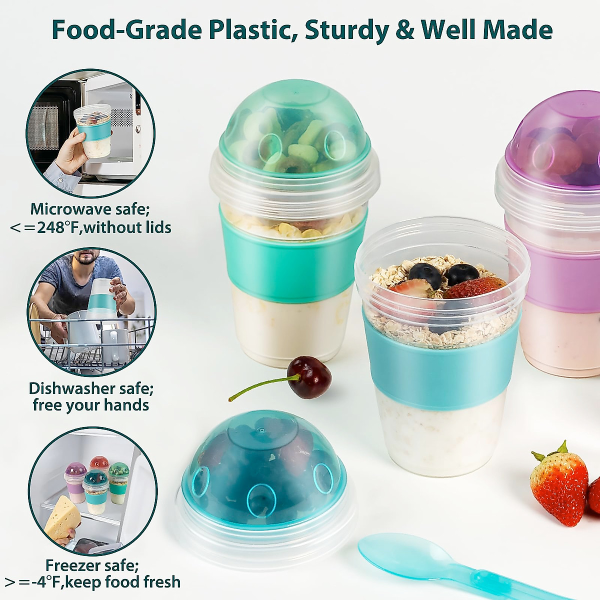 Freshmage® Yogurt Parfait Cups with Lids, 2 Pack 20 oz Reusable Overnight Oats Containers with Lids, Topping Compartment & Spoon to Go for Breakfast Meal Prep, Portable & Lightweight (Purple&Pink)