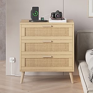 Irontar Rattan Nightstand with Charging Station, Night Stand with 3 Large Rattan Drawers, Accent End Table, Bedside Table with Solid Wooden Legs for Bedroom, Natural BZZ006ME