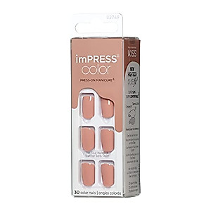 KISS imPRESS Color Press-On Nails, Gel Nail Kit, PureFit Technology, Short Length, Sandbox, Polish-Free Solid Color Manicure, Includes Prep Pad, Mini Nail File, Cuticle Stick, 30 Fake Nails