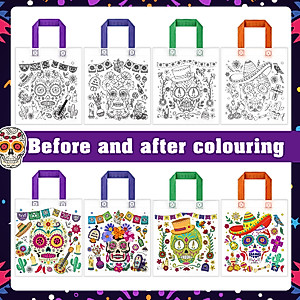 HOWAF Day of The Dead Coloring Gift Bags with 24 （12 Colors） Paint Pens, 12pcs Color Your Own Sugar Skull Tote Bags Dia De Los Muertos Non-Woven DIY Bags for Mexican Halloween Party Favors Activity