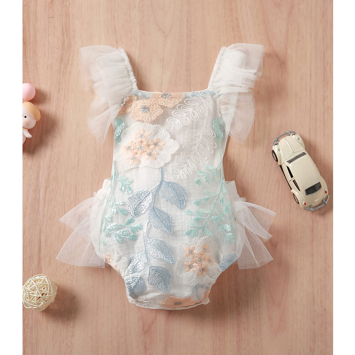 2pcs Summer Baby Girls Romper Dress Headband Knitted Lace Fly Sleeve Solid Ruffles Jumpsuits Clothing(White, 6-12 Months)