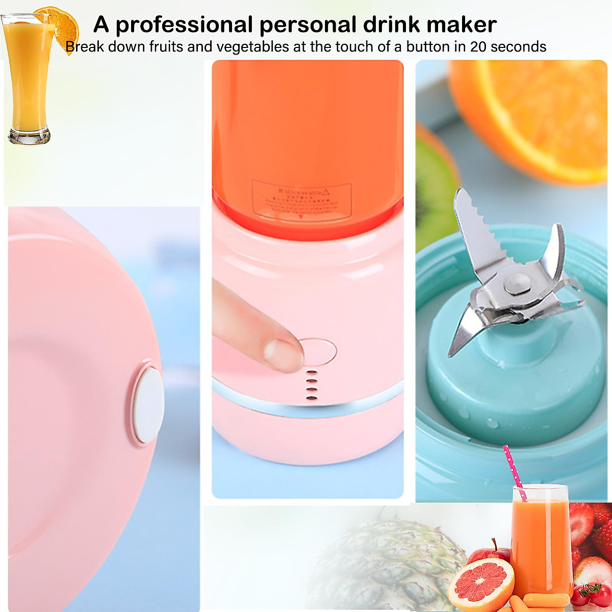 Smoothie Blender, Portable Blender, Christmas Gifts, Personal Blender Shakes, Small Blender Protein Drink Shaker With 2 Travel Cup And Lid Bpa Free, Usb Rechargeable, 15 Oz