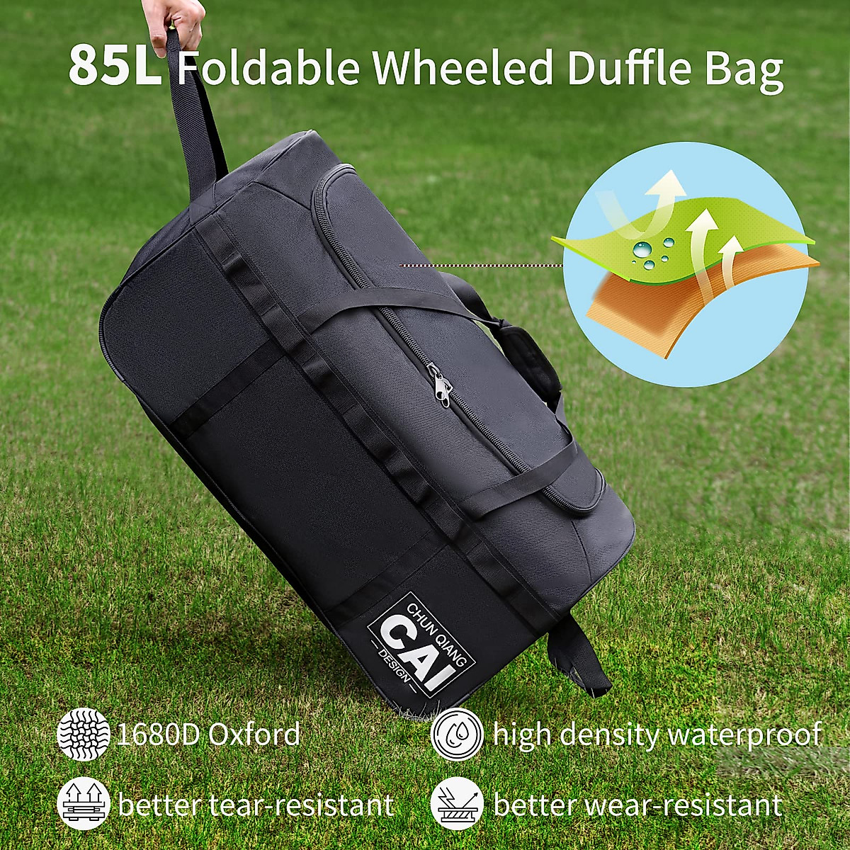 Foldable Duffle Bag with Wheels 85L/120L, Large Lightweight 1680D Oxford Duffle Luggage Bag Collapsible Waterproof Wheeled Duffle Bag for Travel Camping (26", Black)