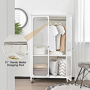 Giantex Closet Wardrobe, Portable Closet with Rollers, Mobile Metal Armoire Closet with Hanging Rod, Adjustable Shelf, Rolling Closet Storage Accent Cabinet, Armoire Clothes Organizer for Bedroom