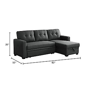 Pemberly Row L-Shaped Transitional Polyester Fabric Reversible, Easy Convertible Pull-Out Sleeper Sectional Sofa/Storage Chaise with Tufted Back Cushions and Track Arms in Dark Gray