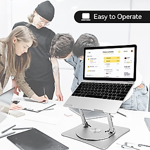Bcom Adjustable Laptop Stand with 360° Rotating Base，Foldable Aluminum Alloy Computer Laptop Riser，Ergonomic Design，Compatible with 10 to 17" Laptops，Laptop Stand for Desk for Office and Home，Silver