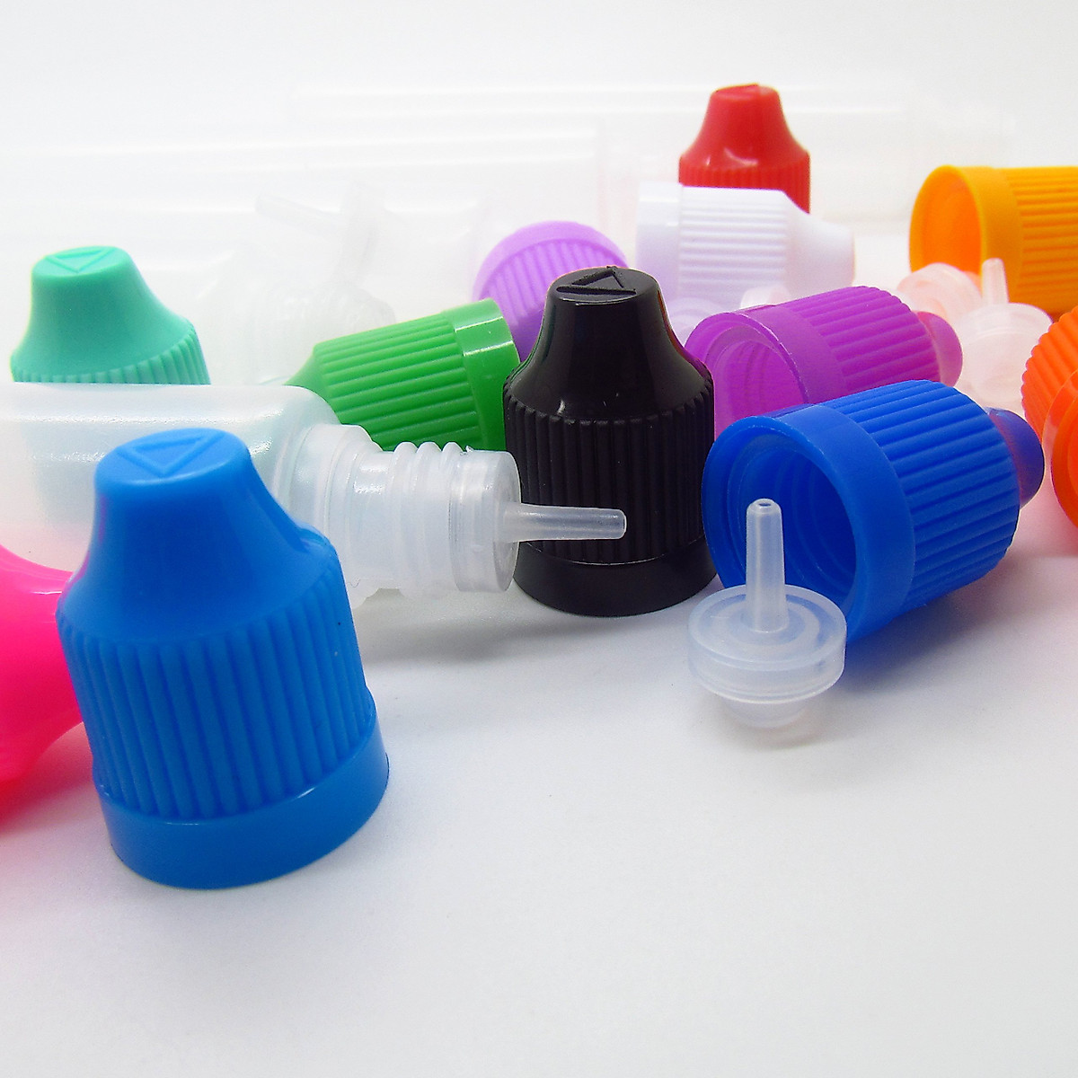 Furuipeng 120mL LDPE Plastic Thin Tip Dropper Bottles - 12 Colors Childproof Cap Free Mini Funnel Squeezable Bottles (12 Pack, Multi Color Caps)