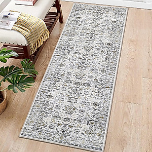 COZYLOOM Runners for Hallways 2x6 Non Slip Kitchen Rug Washable Rug Runner for Entryway Ultra-Thin Non-Slip Accent Carpet Vintage Floral Distressed Long Rug for Bedroom Bedside Laundry Dining Grey