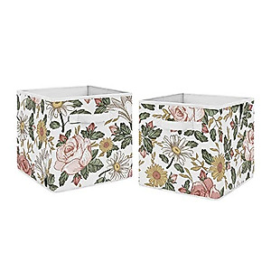 Sweet Jojo Designs Vintage Floral Boho Foldable Fabric Storage Cube Bins Boxes Organizer Toys Kids Baby Childrens - Set of 2 - Blush Pink, Yellow, Green and White Shabby Chic Rose Flower Farmhouse