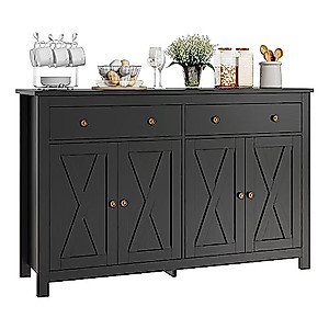 FOTOSOK Sideboard Buffet Cabinet with Storage, 55" Large Kitchen Storage Cabinet with 2 Drawers and 4 Doors, Wood Coffee Bar Cabinet Buffet Table Console Cabinet for Kitchen Dining Room, Black