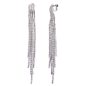 SELOVO Clear Rhinestone Prong Setting Boho Tassel Long Statement Dangle Clip on Earrings Silver Tone