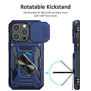 Nvollnoe for iPhone 14 Pro Case with Slide Camera Cover Drop Tested Military Grade Heavy Duty Protective Durable Sturdy Rotate Ring Kickstand Phone Case for iPhone 14 Pro(Blue)