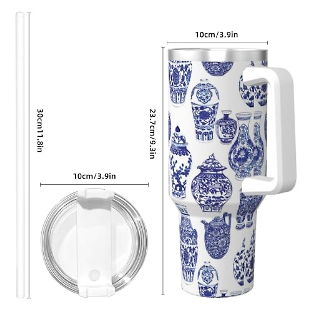 Xiexide 40oz Fits Cup Holder Sports Blue And White Porcelain Chinese Style Chinoiserie Antique Double Walled Vacuum Insulatedith Handle And Straw,Hot & Cold Drinks