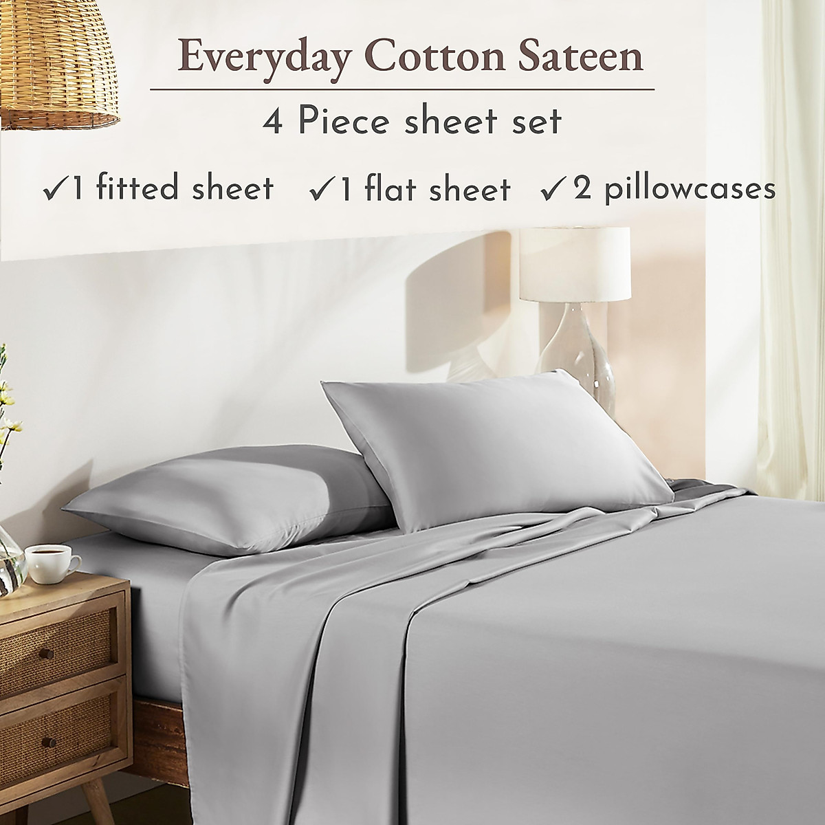 California Design Den Soft 100% Cotton Sheets Full Size Bed Sheet Set with Deep Pockets, 4 Piece Full Size Sheet Sets with Sateen Weave, Cooling Sheets (Light Grey)