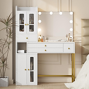 Vabches White Makeup Vanity Desk with Mirror and Lights, 3-Color Adjustable Light Vanity Table Set, Large Modern Makeup Table with Drawers, Vanity and Storage Cabinet 2-in-1 Design, Vanity Organizer