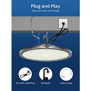 UFO LED High Bay Lights 150W,15000LM 6500K High Bay LED Shop Lights,LED High Bay Lights with 3000K Up Lighting,High Bay LED Lights with Plug 5’ Cable,LED Shop Lights for Workshop Warehouse Garage