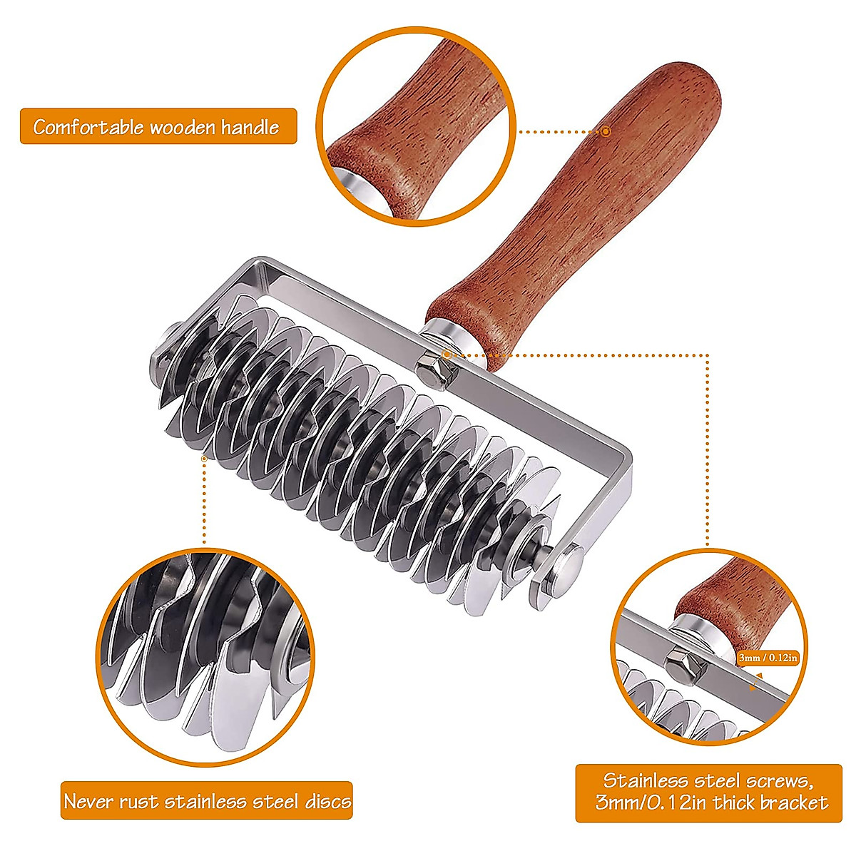 Stainless Steel Lattice Cutter, Dough Lattice Roller Cutter Baking Tool Cookie Pie Pizza Bread Pastry Crust Roller Cutter with Wood Handle, Household Time-Saver Baking Pastry Tools for Pizza Biscuits