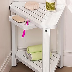 YIGII Corner Shower Stool - Waterproof Bathroom Shower Bench with Adjustable Feet, Non-Slip Corner Bench with Storage Shelf for Shaving Legs, Indoor/Outdoor Use, White