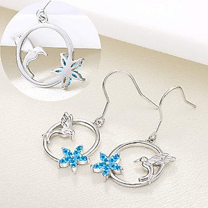 YL Hummingbird Hook Earrings Sterling Silver Flowers Dangle Drop Earrings Created Aquamarine Jewelry Women