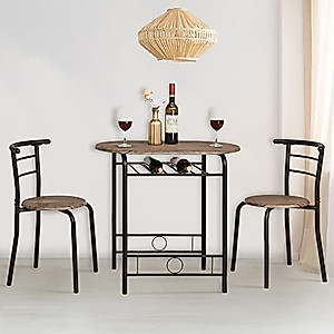 VINGLI 3 Piece Dining Set,Small Kitchen Table Set for 2,Breakfast Table Set for 2,Kitchen Wooden Table and 2 Chairs for Small Space/Dining Room/Apartment,Metal Frame,Wine Rack,Rustic