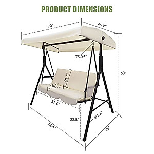 Outdoor Patio Swing Chair for 2-3 People, with Removable Cushion and Convertible Canopy, Weather Resistant Powder Coated Steel Frame, for Patio, Backyard, Garden (Light Off-White)