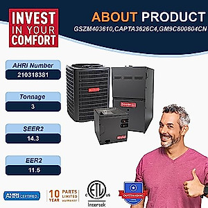 Goodman 3 Ton 14.3 SEER2 Single Stage Heat Pump GSZM403610 and 80,000 BTU 80% AFUE Multi-Speed Gas Furnace GM9C800804CN Upflow System with CAPTA3626C4