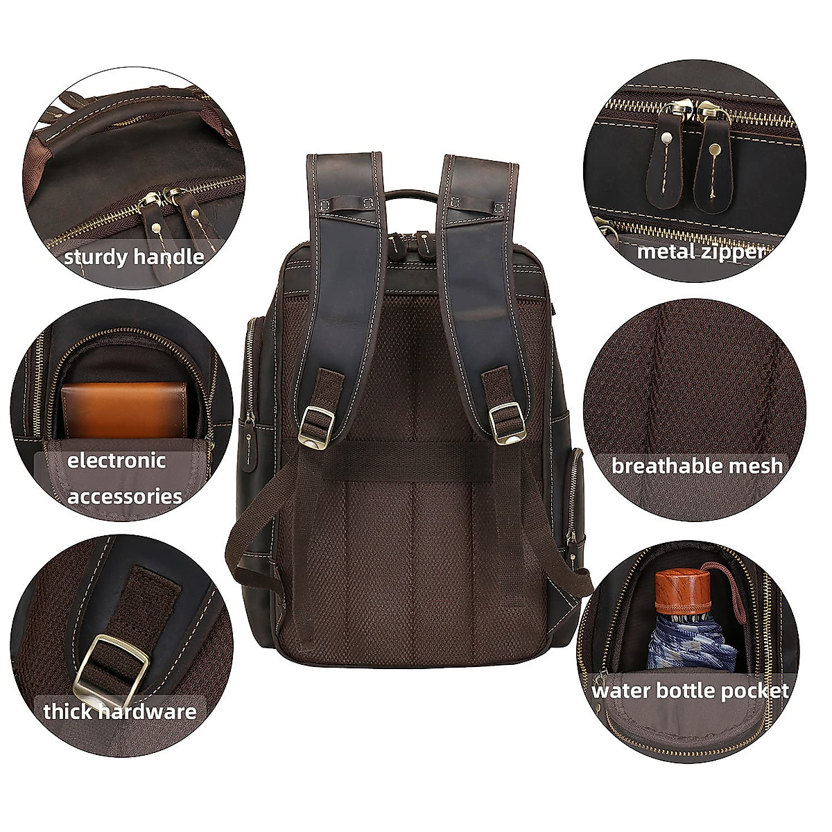 UBANT Leather Backpack for Men, 15.6 inch Laptop Backpack Vintage Full Grain Leather School College Bookbag Large Capacity Business Office Work Bag Casual Camping Travel Weekend Daypack