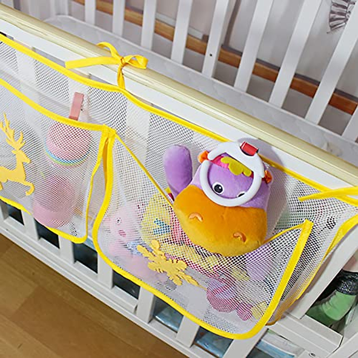 Nylon Mesh Cloth Baby Bedside Hanging Storage Bag, 3 Pockets Baby Crib Storage Bag, Baby Clothes Hanging Diaper Organizer for Baby Cribs and Toys