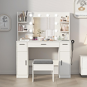 MECHYIN Vanity Desk, Make up Vanity Desk with Mirror and Lights, Vanity with Power Outlet and Stool, 3 Drawer 3 cabinets Storage Unit Dresser, Vanity with Lights 3 Models Settings for Bedroom (White)