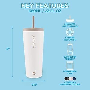 GROSCHE Jasper 23oz Tumbler with straw. Extreme Insulation, Classy Design, Built to Last, Insulated Stainless Steel Tumbler with Lid and Straw - White