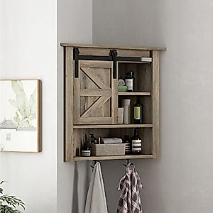 Fameill Bathroom Wall Cabinet Wall Mounted Corner Cabinet with Sliding Barn Door Over Toilet Bathroom Organizer Corner Wall Shelf Medicine Cabinet,Grey
