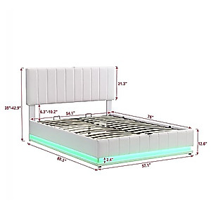 CKLMMC Modern Upholstered Platform Bed with Hydraulic Storage System,Full Size PU Storage Bed with LED Lights and USB Charger for Kids Teens Adults (White/PU-K)