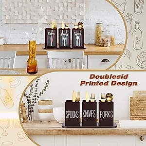 Gejoy Clear Acrylic Silverware Cutlery Caddy Utensil Holder with Wood Tray Spoon Fork Knives Flatware Dispenser for Kitchen Table Countertop Silverware Storage Organizer(Brown)