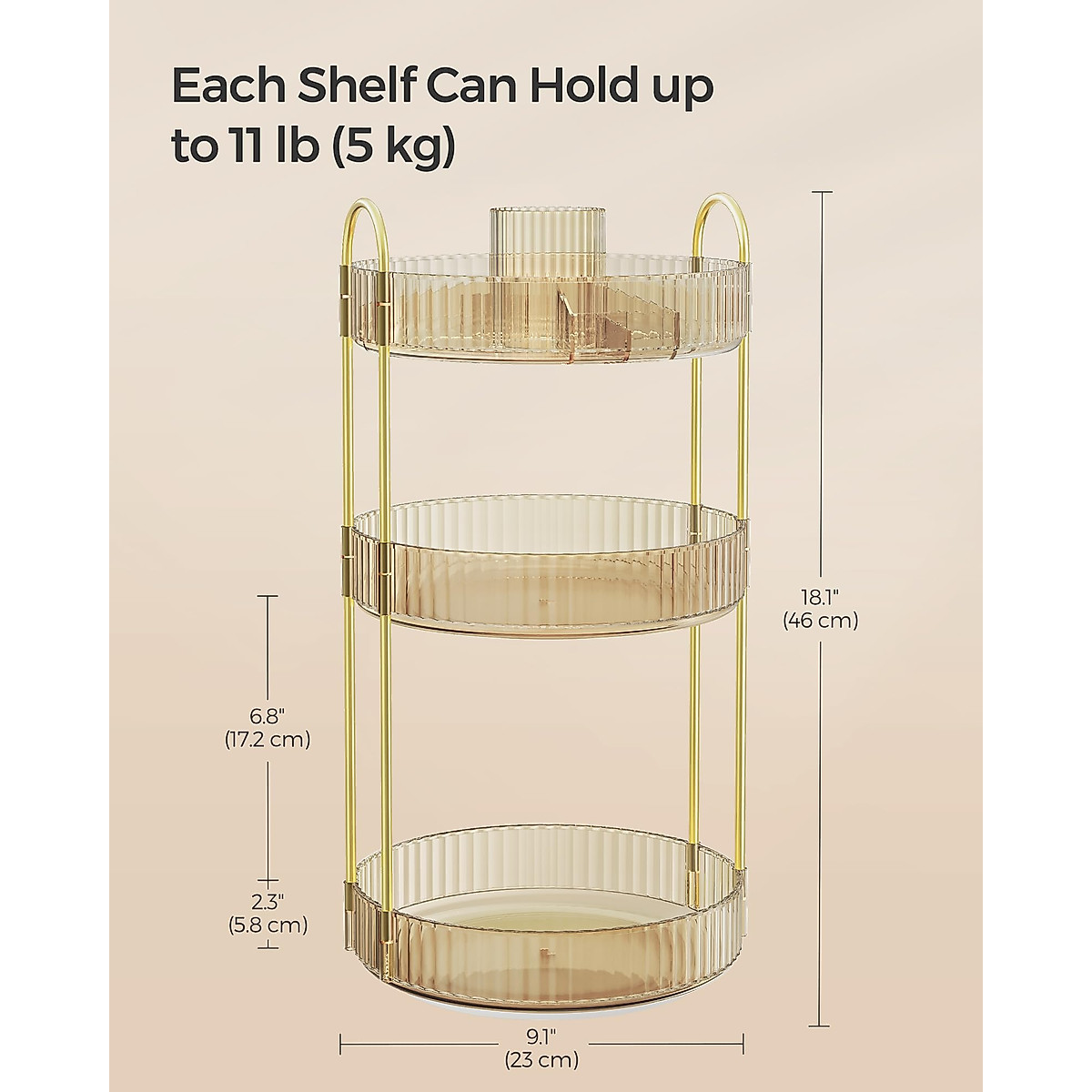 SONGMICS Makeup Organizer, 3-Tier Round Rotating Skincare Organizer Countertop, Customizable, Toiletries Vanity Organizer, Lazy Susan, Gift, Champagne Gold UJKA011A01