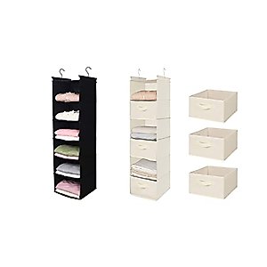 MAX Houser 6 Tier Shelf Hanging Closet Organizer, Closet Hanging Shelf with 2 Sturdy Hooks for Storage, Foldable,Black and Beige-D3