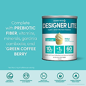 Designer Wellness, Designer Lite, Low Calorie Natural Protein, Prebiotic Fiber, Key Vitamins & Minerals, Vanilla Cupcake, 9.03 Ounces