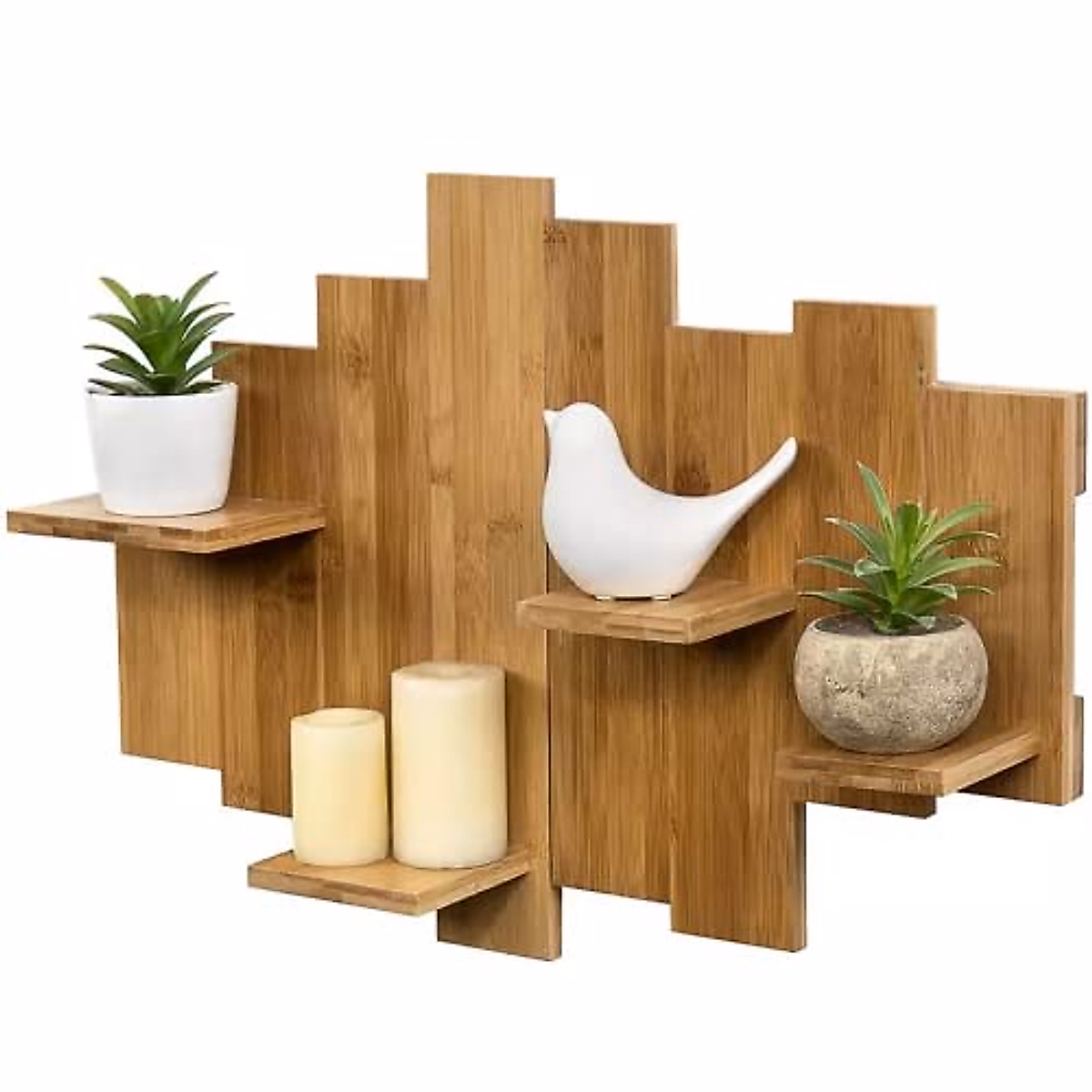 Natural Bamboo Brown Floating Wall Shelves (4 Pieces) - Retro Elegant Design for Bedrooms and Living Rooms, Easy-to-Assemble with Invisible Brackets