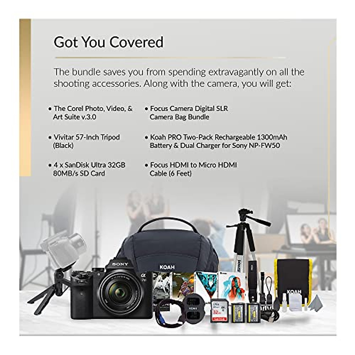 Sony Alpha a7II Mirrorless Digital Camera Bundle with 28-70mm f/3.5-5.6 Lens, Corel Software Kit, Camera Bag, 57-Inch Tripod, Rechargeable Battery and Dual Charger, 32GB SD Card, HDMI Cable (7 Items)
