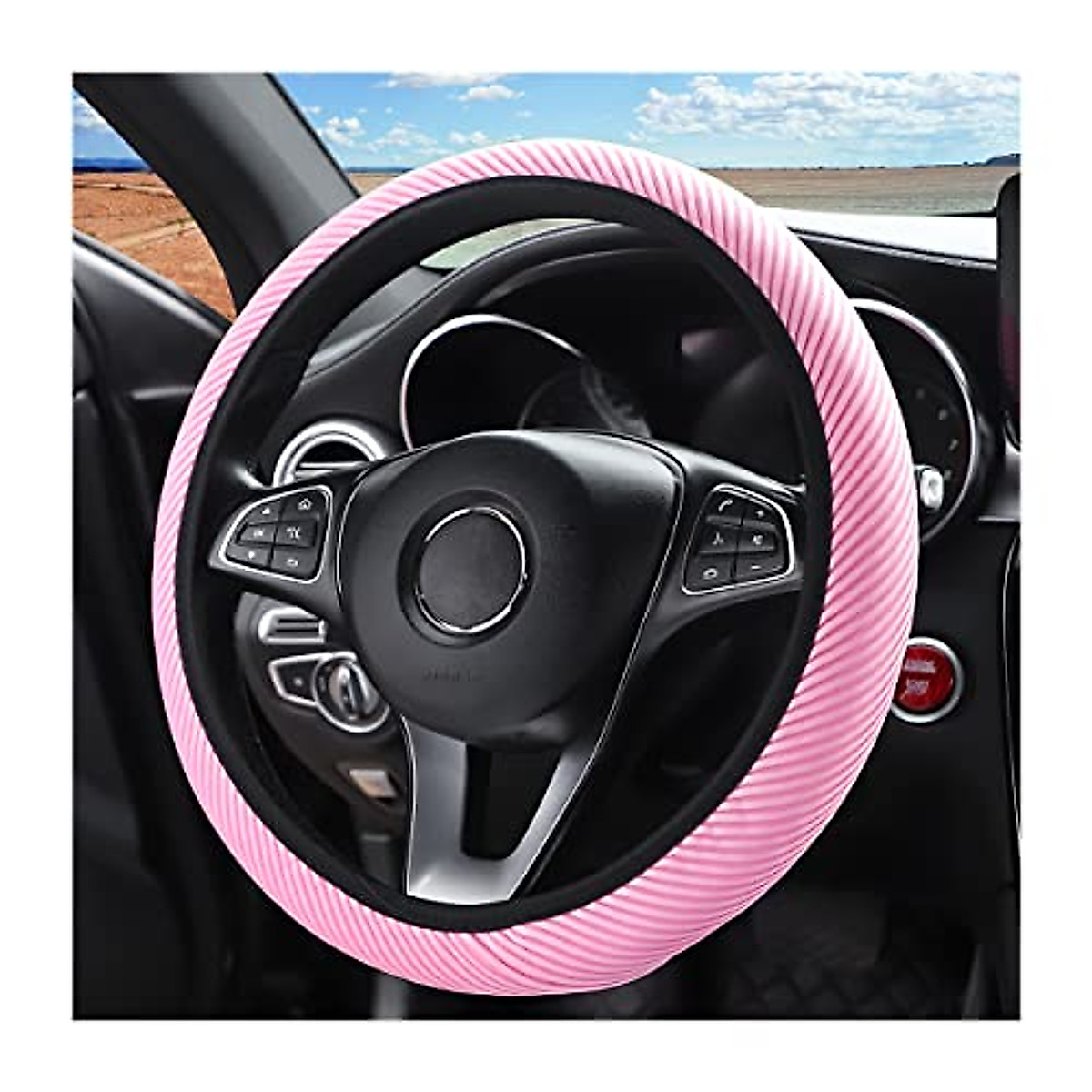 LoyaForba Car Steering Wheel Cover, Breathable Striped Mesh Auto Steering Wheel Protector, Universal Elastic Anti-Slip 15 inch for Men Women, Car Interior Accessories Fit for Most Vehicles (Pink)