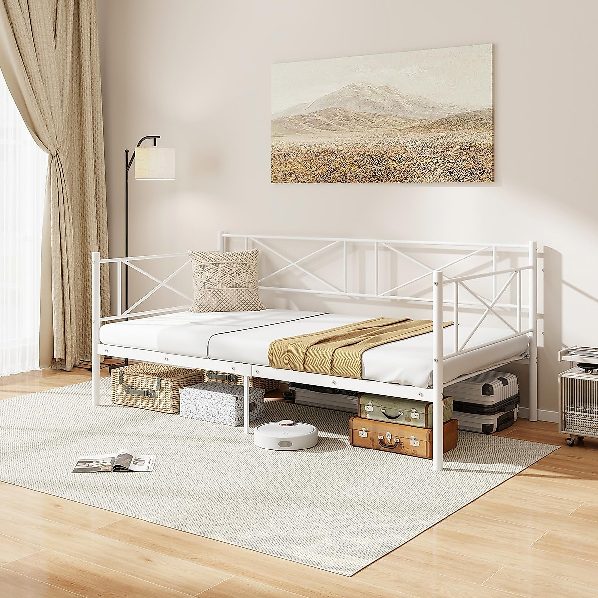 Giantex Daybed Frame, Twin Size Metal Day Bed with Heavy-Duty Metal Slat Support, Space-Saving Sofa Daybed with Headboard, Modern Twin Daybed for Guest Room Living Room Bedroom (White)