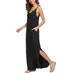 GRECERELLE Women's Summer Casual Loose Dress Beach Cover Up Long Cami Maxi Dress with Pocket Black-X-Large