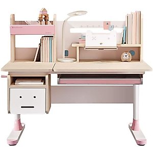 FCD Kids Desk, Wood Adjustable Height Ergomonoic Children Study Writing Reading Desk with Tiltable Desktop, Tablet Stand and Storage Drawers (Pink, Chair is not Included)