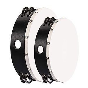 Foraineam 2 Pieces (8 Inch and 10 Inch) Wood Handheld Tambourine, Double Row Metal Jingle Bells Wooden Tambourine Drum Musical Percussion Instrument