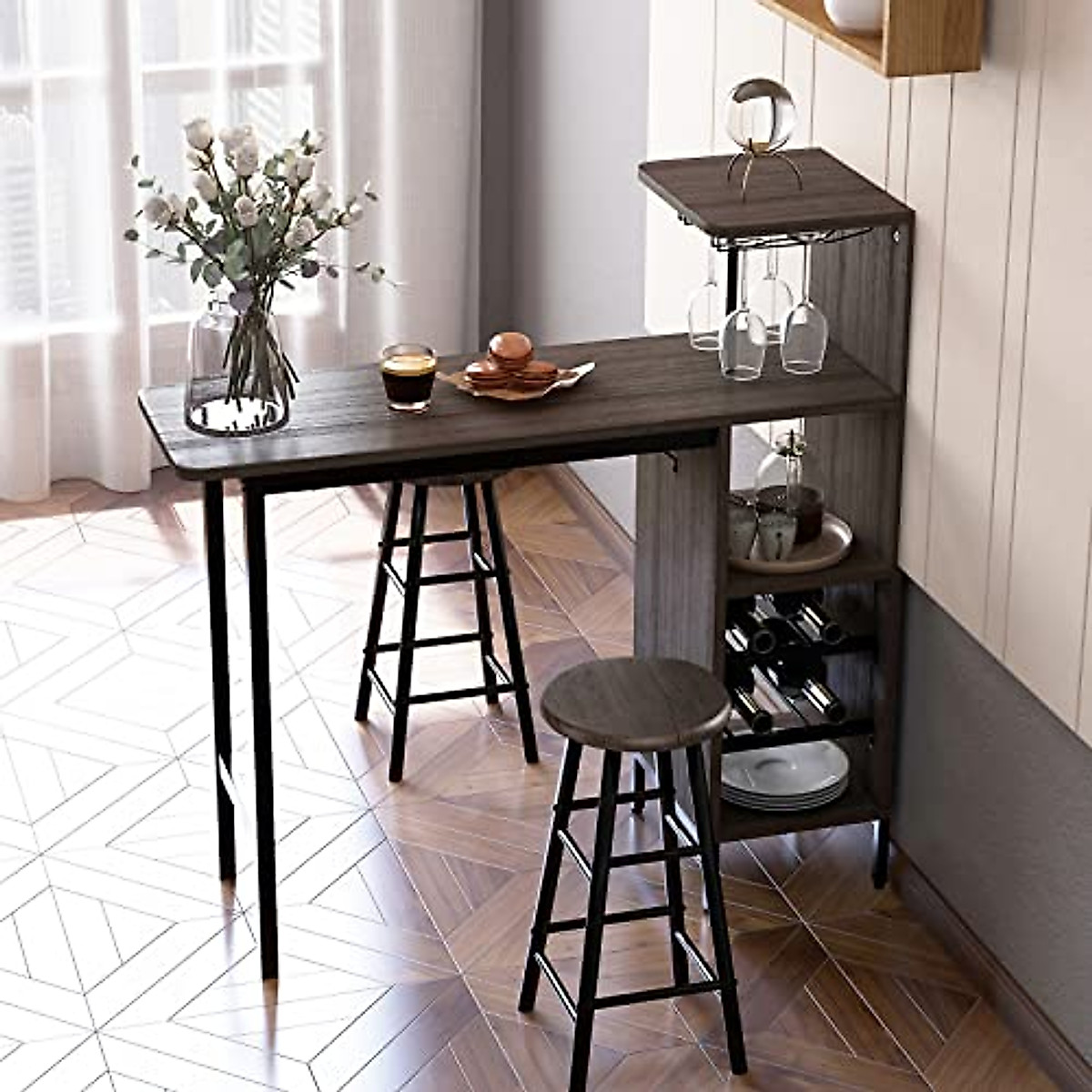 GOFLAME Bar Table and Chairs Set for 2, Counter Height Dining Table Set with Shelves, Cup Holder & Wine Rack, Breakfast Table & Chair Set, 3-Piece Pub Table Set for Kitchen, Dining Room